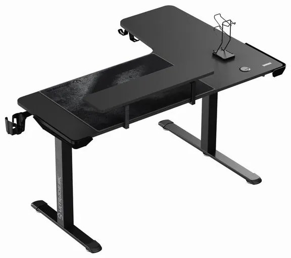 Herní stůl ULTRADESK WINGER – 111x155x60 cm, elektricky nastavitelná výška, RGB podsvícení, černá