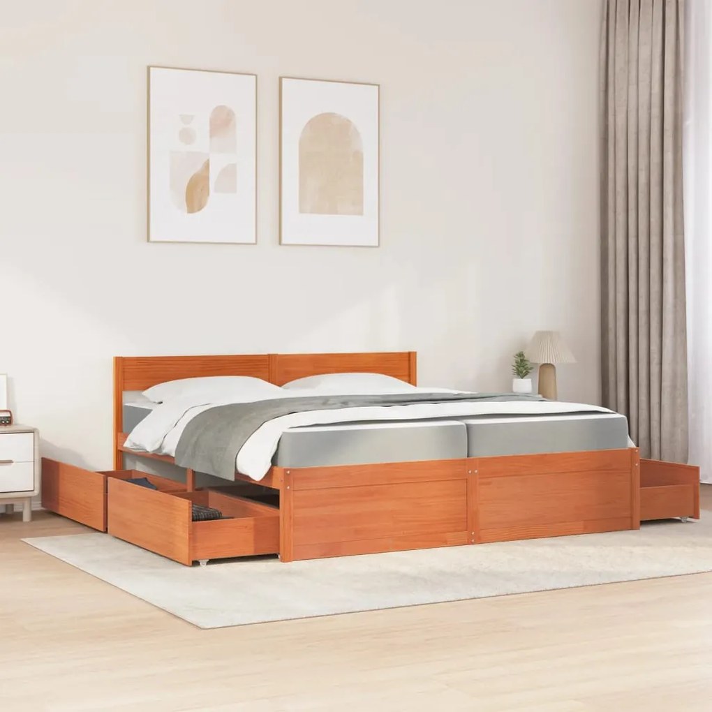 Postel se zásuvkami a matrací voskově hnědá 200x200 cm borovice 3281888