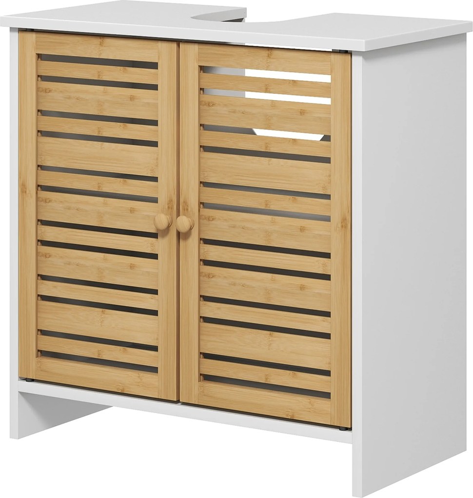 HOMCOM Skříňka pod umyvadlo Moderní koupelnová skříňka s magnetickými dvířky z bambusu a nastavitelnou policí 60x30x60 cm Bílá a přírodní | Aosom