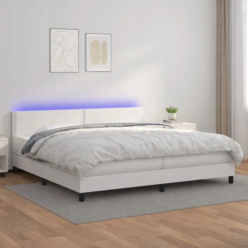 Box Spring Postel S Matrací A Led Umělá Kůže Bílá Hladké s hřebíky 200 x