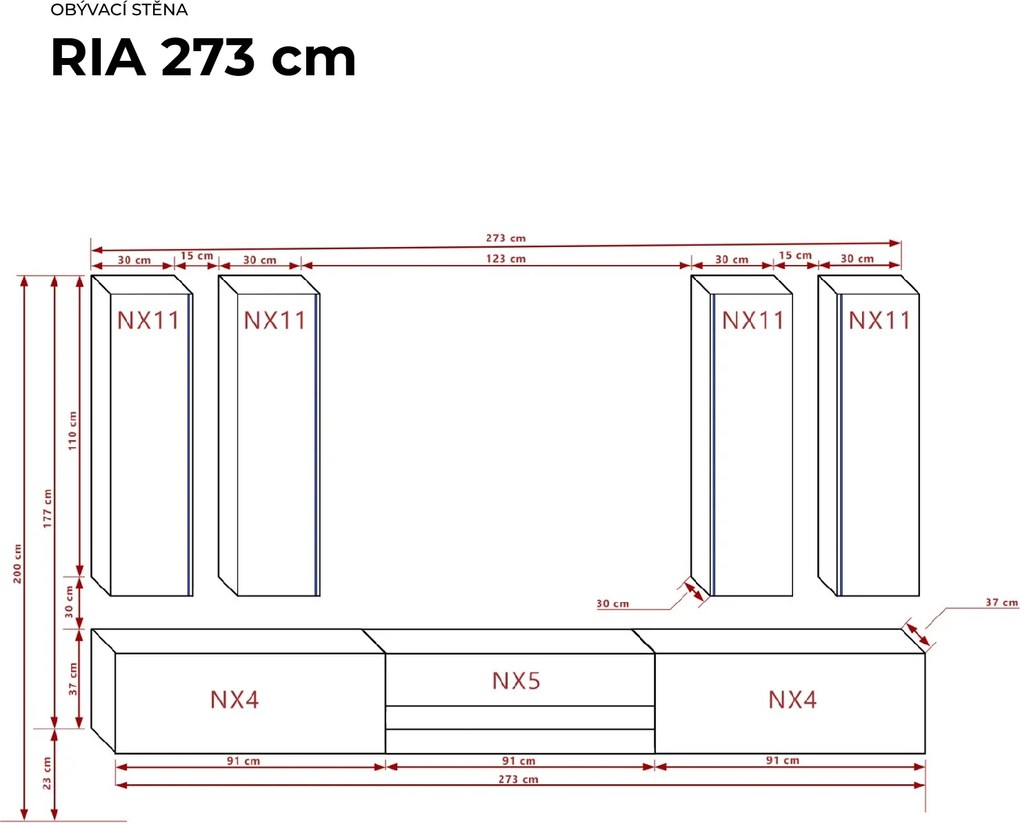 Ral Obývací stěna RIA 273 cm - Černý lesk