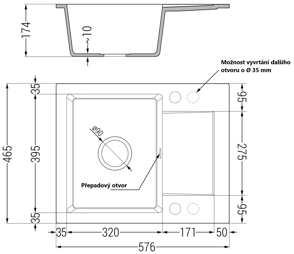 Kuchyňský granitový dřez ENZO - 57,6 x 46,5 cm - černý, 6506571005-77