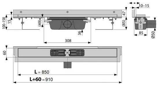 Alcadrain Flexible Podlahový žlab 85 cm s okrajem pro perforovaný rošt a s nastavitelným límcem ke stěně APZ4-850