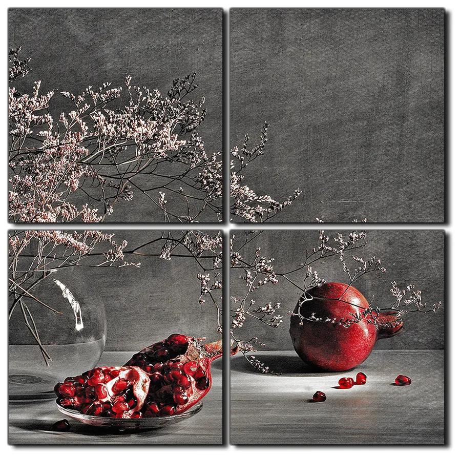 Obraz na plátně - Zátiší - větev a granátové jablko - čtverec 3274QE (100x100 cm)