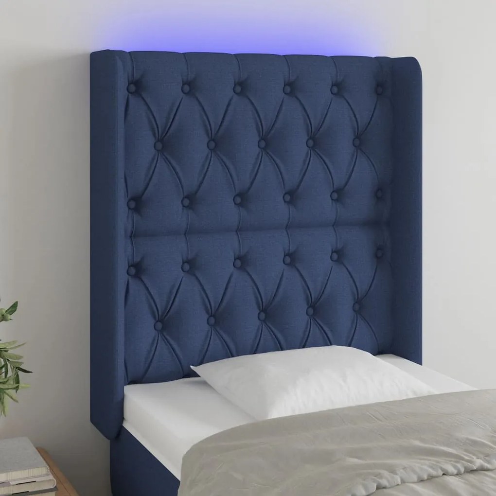 Čelo postele s LED modré 83 x 16 x 118/128 cm textil