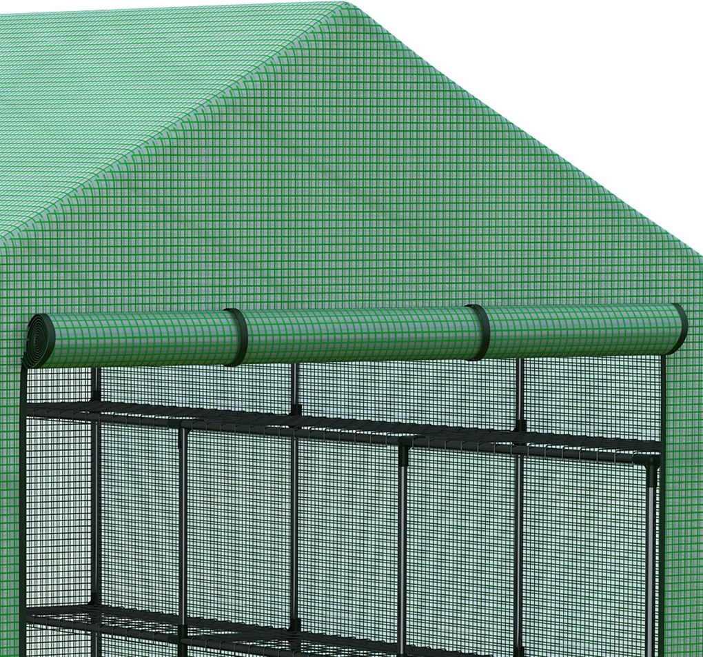 Outsunny Skleník s 8 policemi Skleník na rajčata Skleníkový chladicí rám s dveřmi Zelený ocelový PE plast 244 x 180 x 210 cm