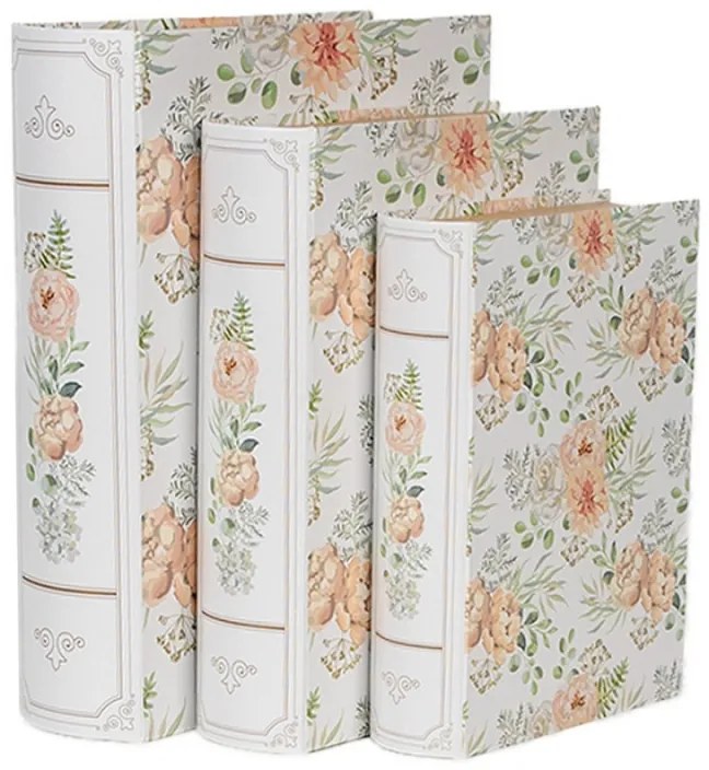 Sada 3 bílých úložných boxů ve tvaru knihy s oranžovými květy – 29x24x7/25x20x6/22x16x5 cm