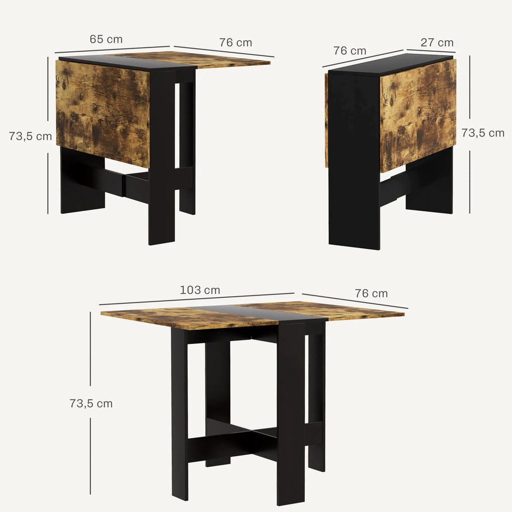 HOMCOM skládací jídelní stůl, skládací stůl s klapacími křídly pro malé prostory 103x76x73,5 cm, černá a rustikální hnědá