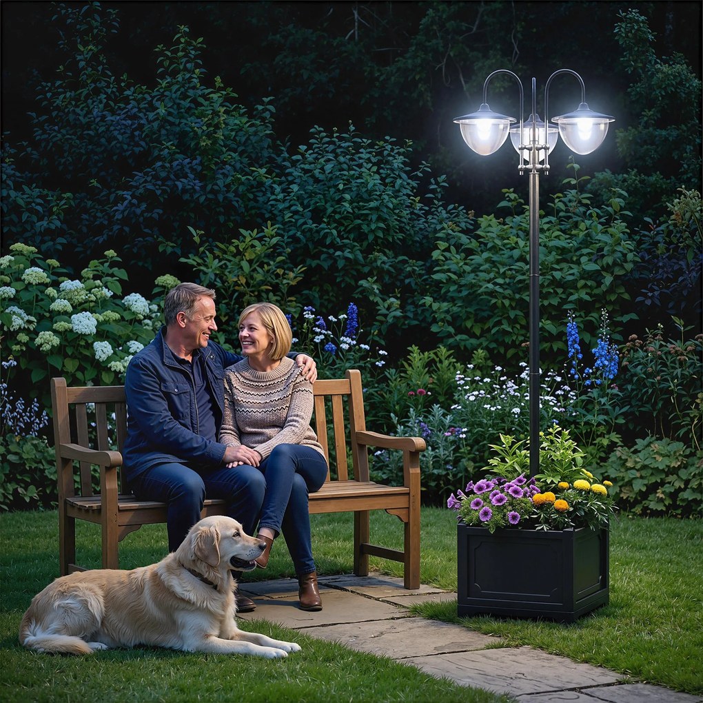 Outsunny solární světlo zahradní světlo 3-hlavová lampa s podstavcem květináče, vodotěsné, nerezová ocel, 60x55x189cm| Aosom