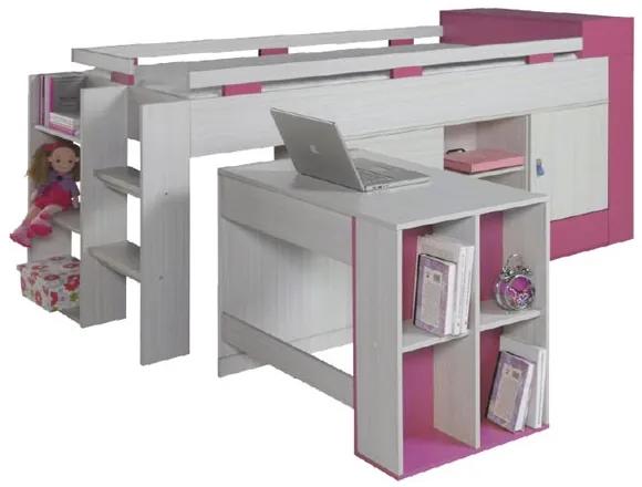 Harmonia Vyvýšená postel s psacím stolem Adéla - růžová 90x200 cm
