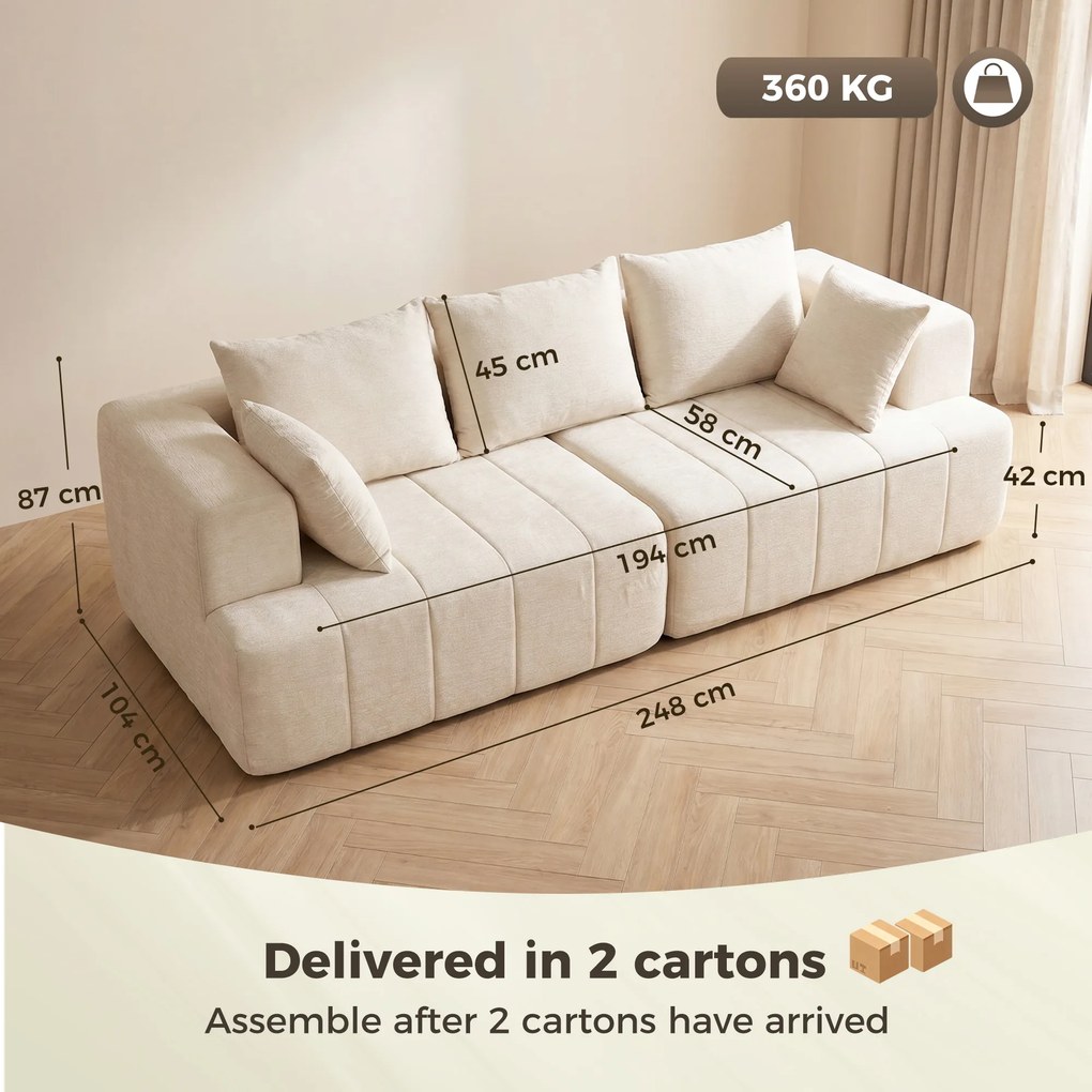 HOMCOM 3-místná pohovka z čenilu 248 cm, moderní obývací pokojová pohovka, široké polstrované sedátko, polštáře s kapesními pružinami, béžová