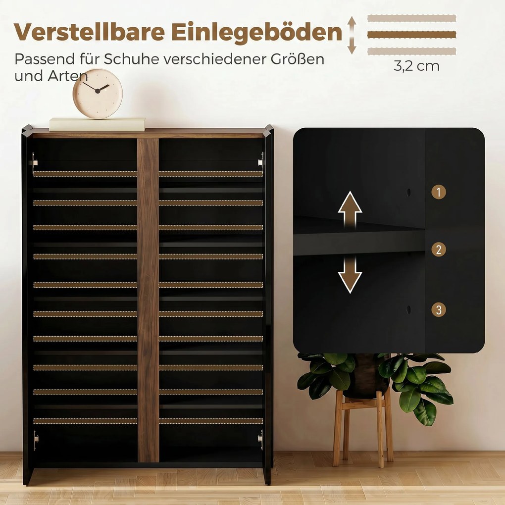 Skříňka na boty HOMCOM s bezpečnými soft‑close dveřmi, 6 polic, až 18 párů, bezúchytový design, vysoce lesklá černá