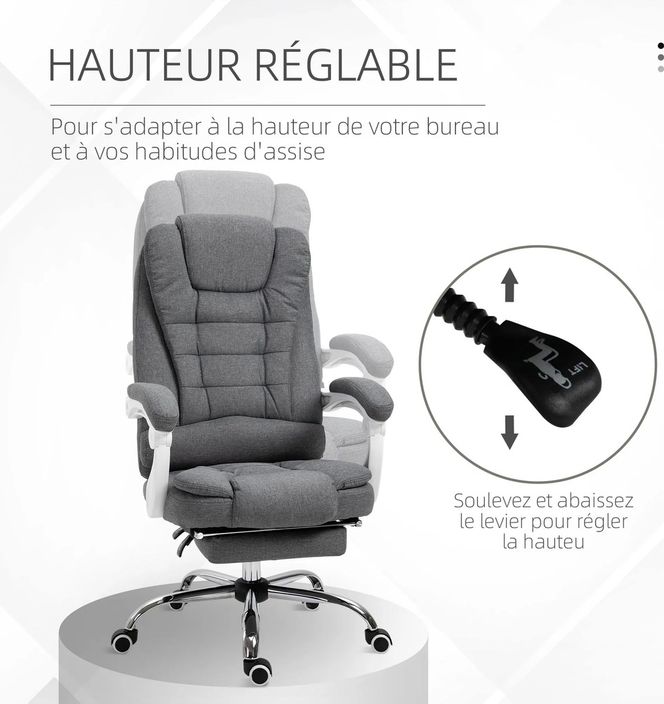 Ergonomická kancelářská židle Vinsetto s opěrkou nohou, s polohovací opěrkou zad, polstrovanými područkami a šedým látkovým potahem