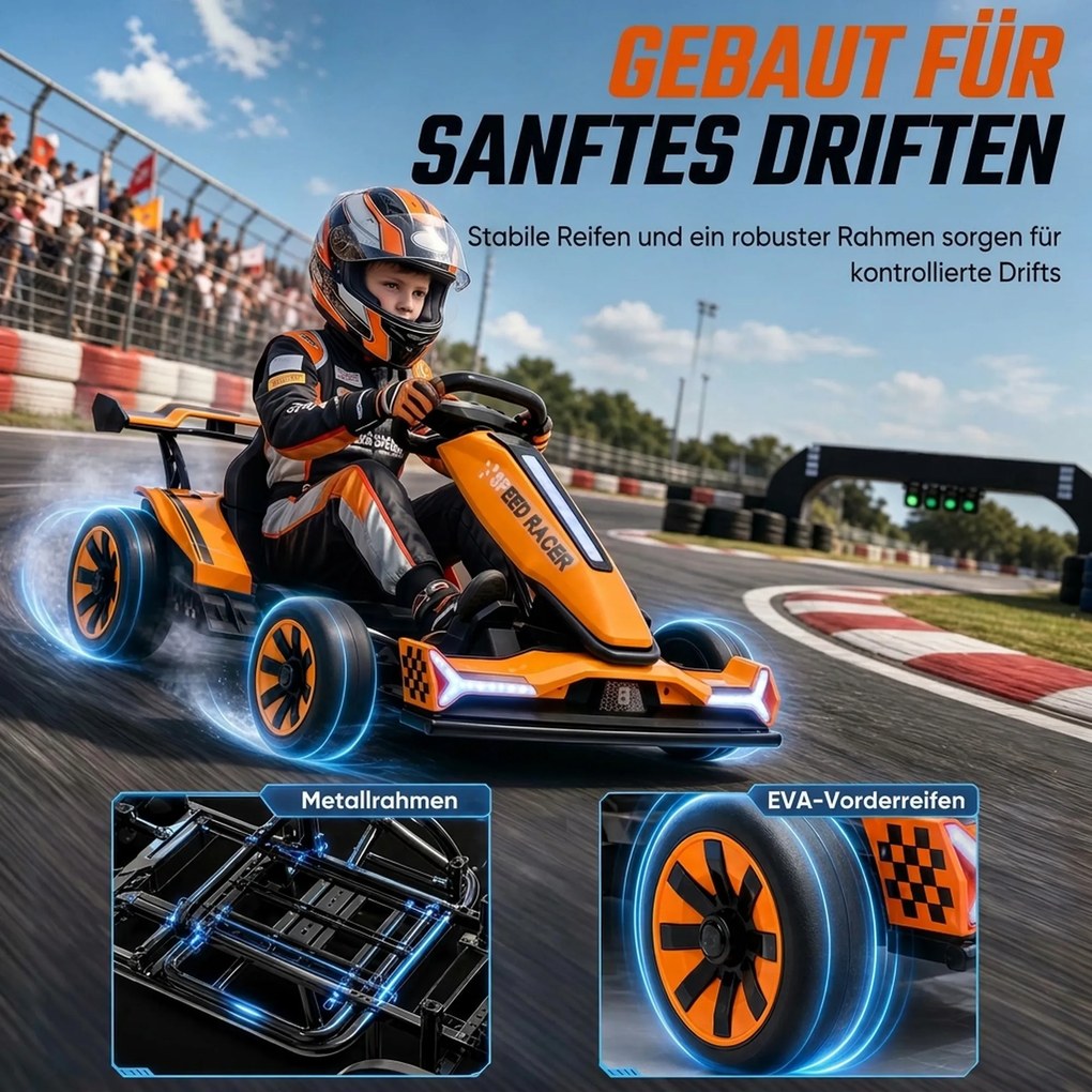AIYAPLAY 12V elektro-go-kart pro děti 3-8 let, nastavitelné sedadlo, 3 rychlosti, plynulý start, oranžová