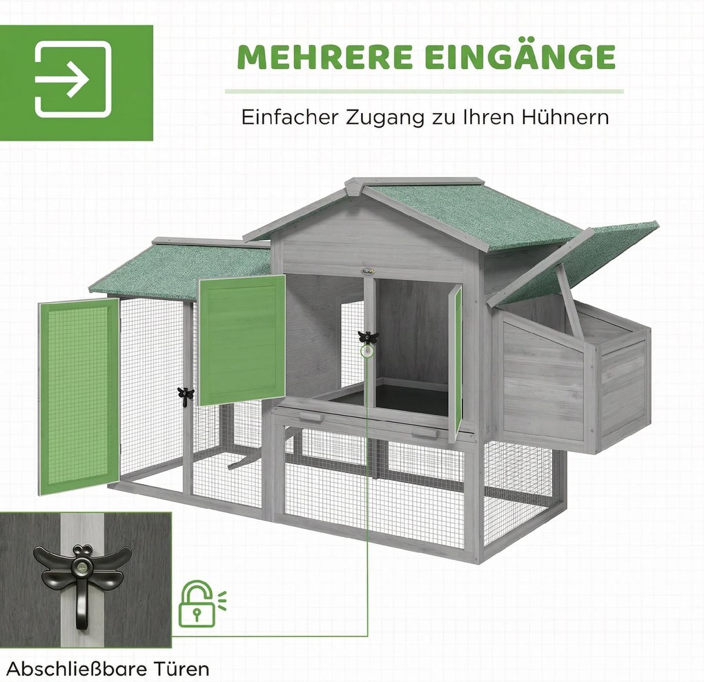 Dřevěný kurník pro slepice s volným výběhem hnízdní box s rampou výsuvný tác pro 2-4 slepice 168x75x103cm šedý