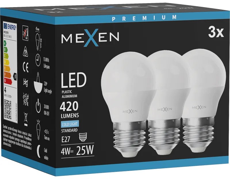 Mexen Nova 3x LED žárovka E27, G45, 4W, Studená - 6500K, 420 lm - L101-E27-0465-01x03