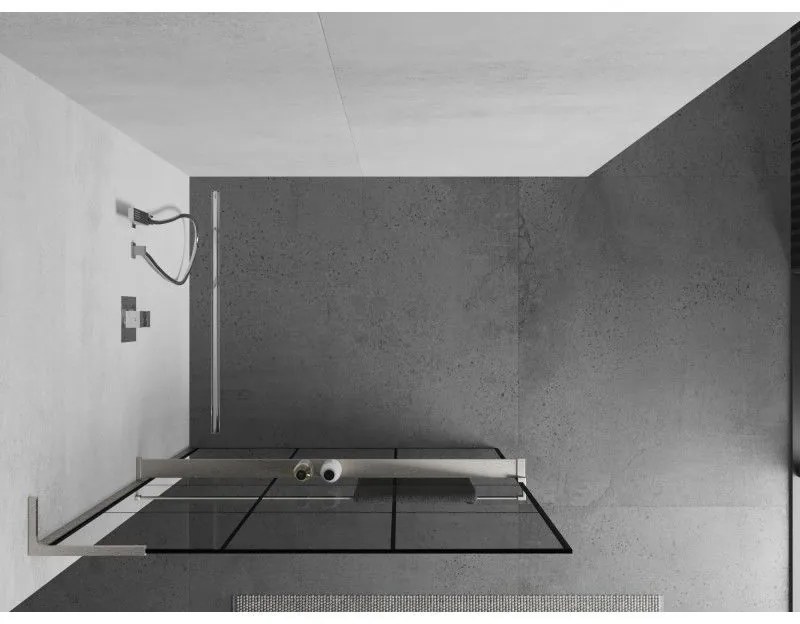 Mexen Kioto+ L, sprchová zástěna Walk-In s poličkou a věšákem 120 x 200 cm, 8mm čiré sklo černý vzor, broušená ocel profil, 800-120-123-97-77