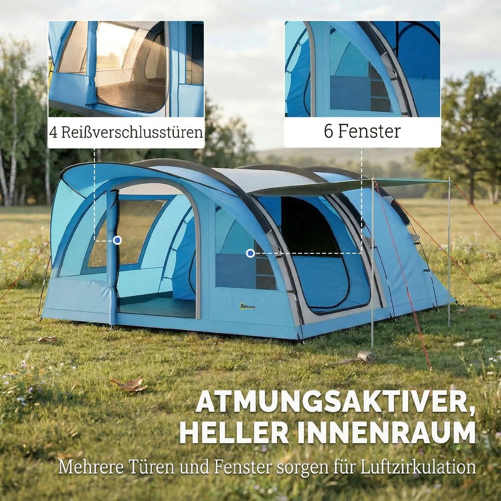 Rodinný tunelový stan Outsunny pro 4 osoby s obytným prostorem, odnímatelnou přepážkou, okny a integrovanou podlážkou — vodní sloupec 3000 mm (světle…