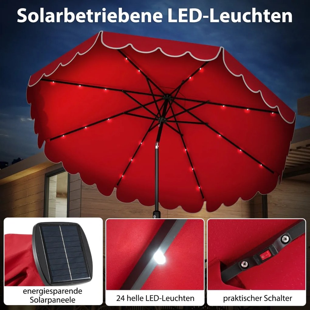 Costway 300 cm slunečník s LED osvětlením a klika a záclonka market, víno