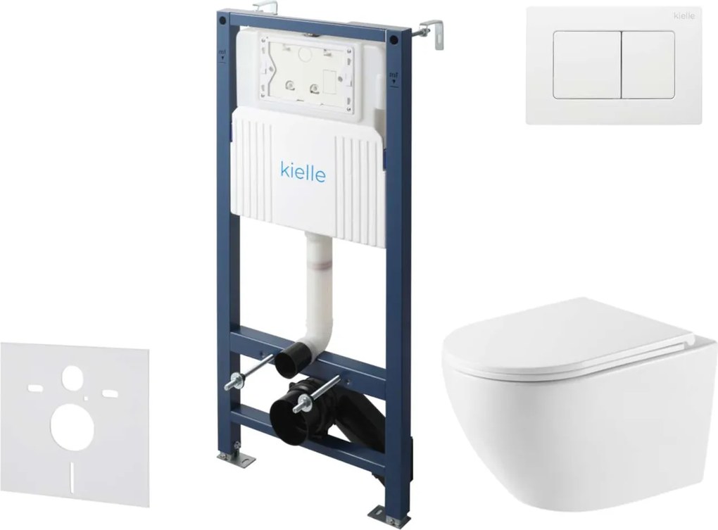 kielle Genesis New - Set předstěnové instalace, klozetu Oudee, Vortex Rimless+, sedátka softclose a tlačítka Gemini New III, lesklá bílá 30528SS61