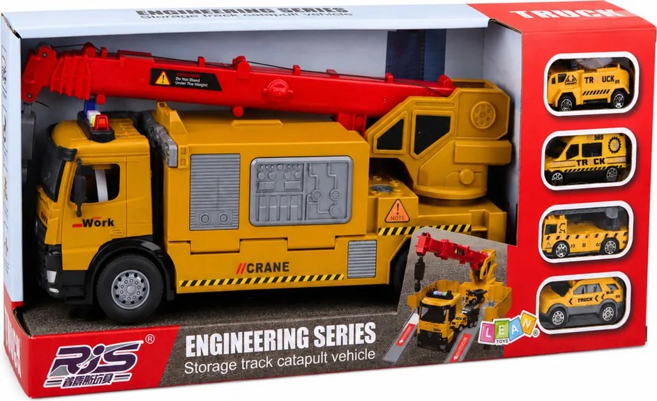 LEAN Toys Nákladní auto s jeřábem a přepravníkem vozidel, světla a zvuky, žluté