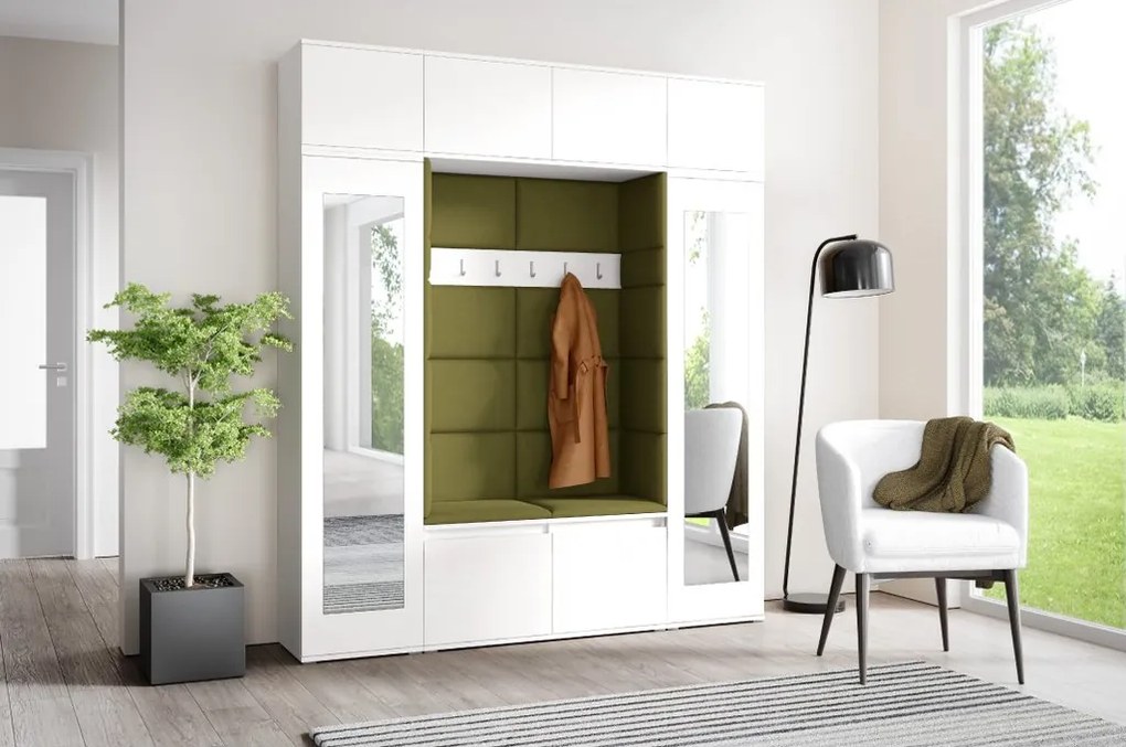 Eka Předsíňová stěna s čalouněnými panely Trinity 32 - Bílá / Khaki zelená 2327