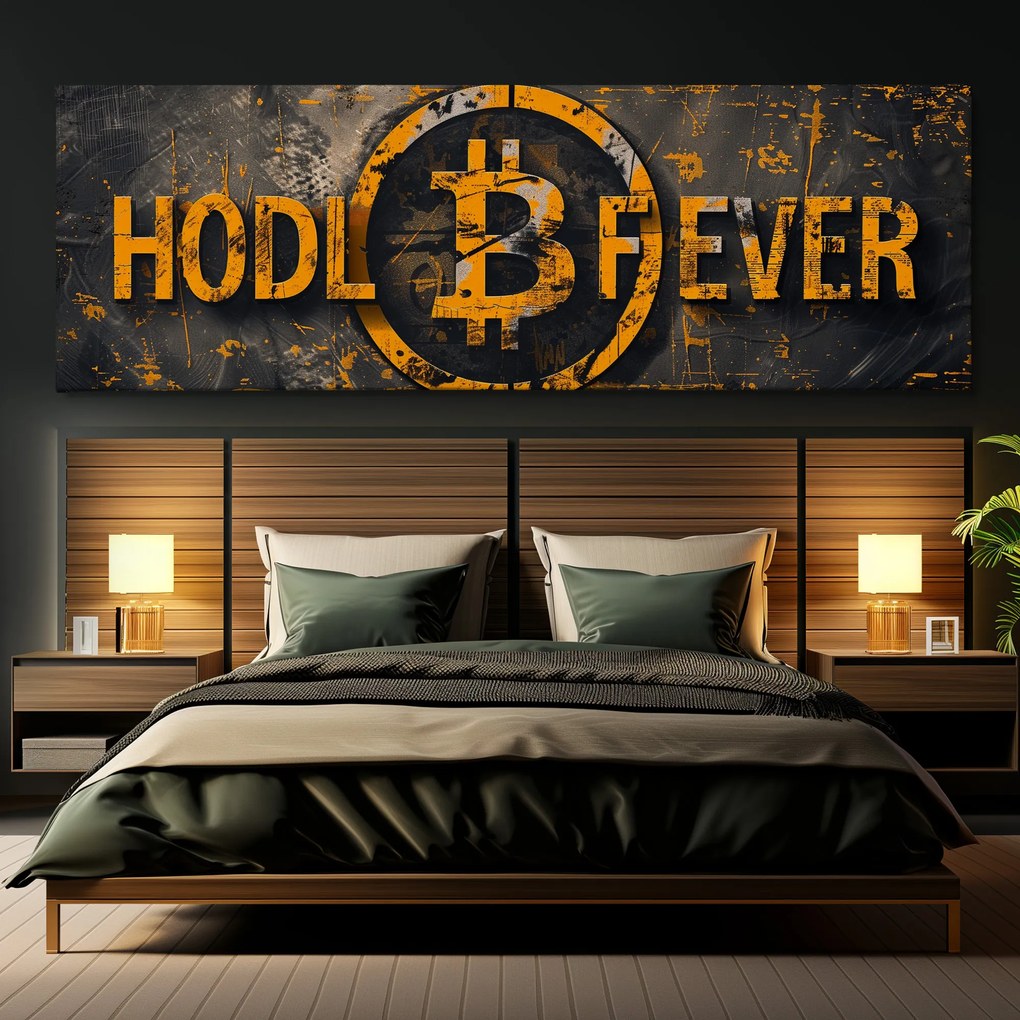 Obraz na plátně - Bitcoin, HODL Fever, grunge FeelHappy.cz Velikost obrazu: 60 x 20 cm