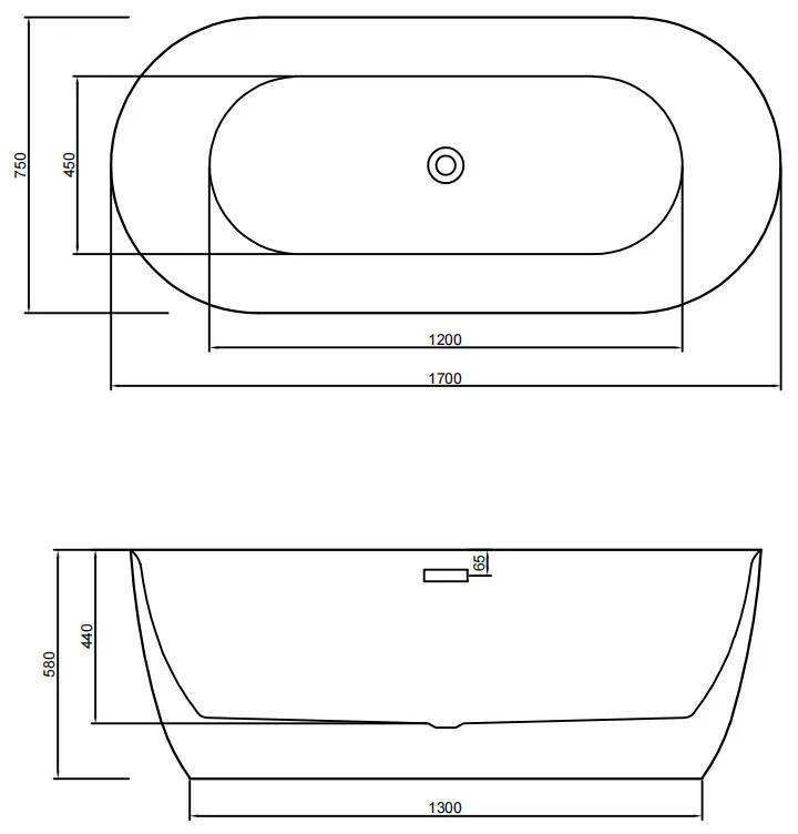BPS-koupelny Volně stojící akrylátová vana HYD-CES518C 170x75 bílá/černá, odtokový komplet chrom