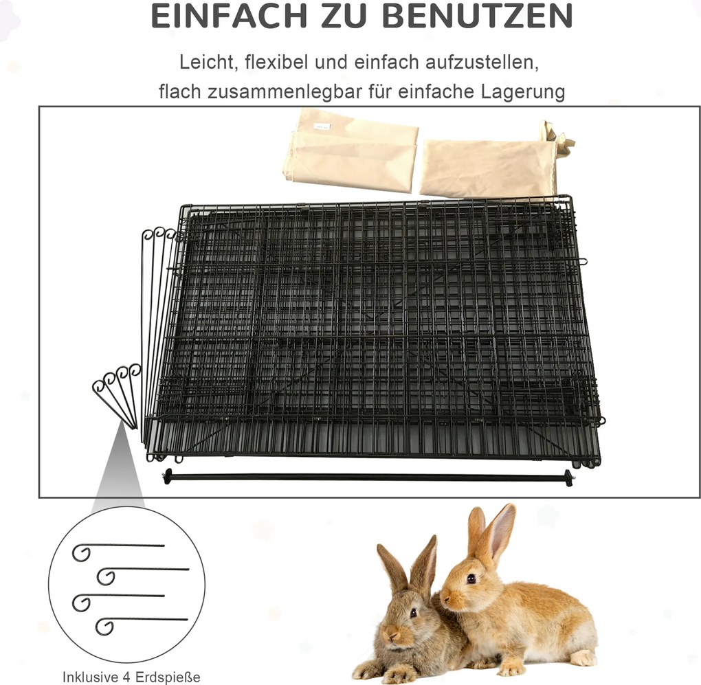 Venkovní výběh PawHut s ochranou proti slunci pro malá zvířata 220 x 103 cm, kovová králíkárna v béžové a černé barvě