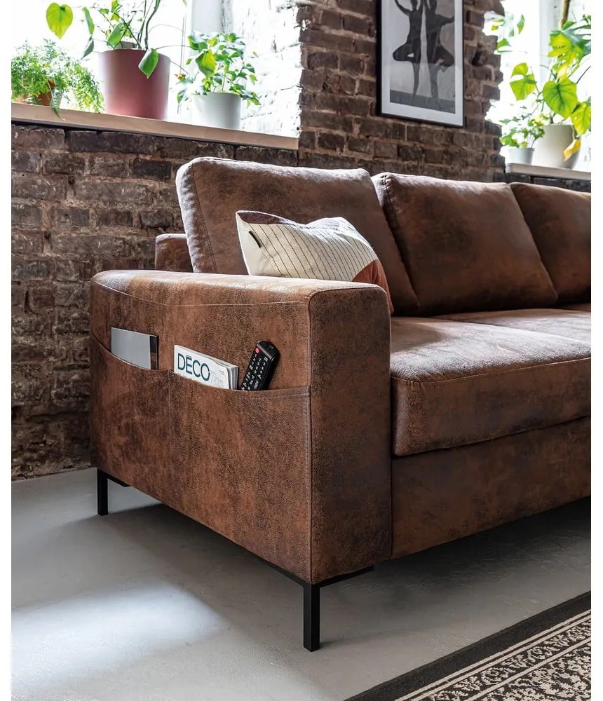 Hnědá rozkládací rohová pohovka z imitace kůže Miuform Lofty Lilly Vintage, pravý roh