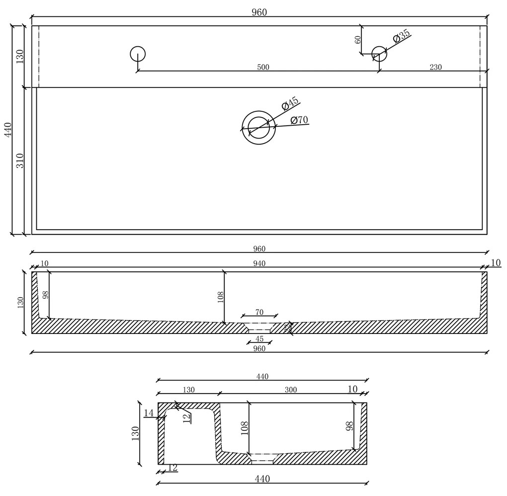 Sapho, QUADRADO betonové umyvadlo včetně výpusti, 96x44 cm, 2 otvory, černý granit, AR473
