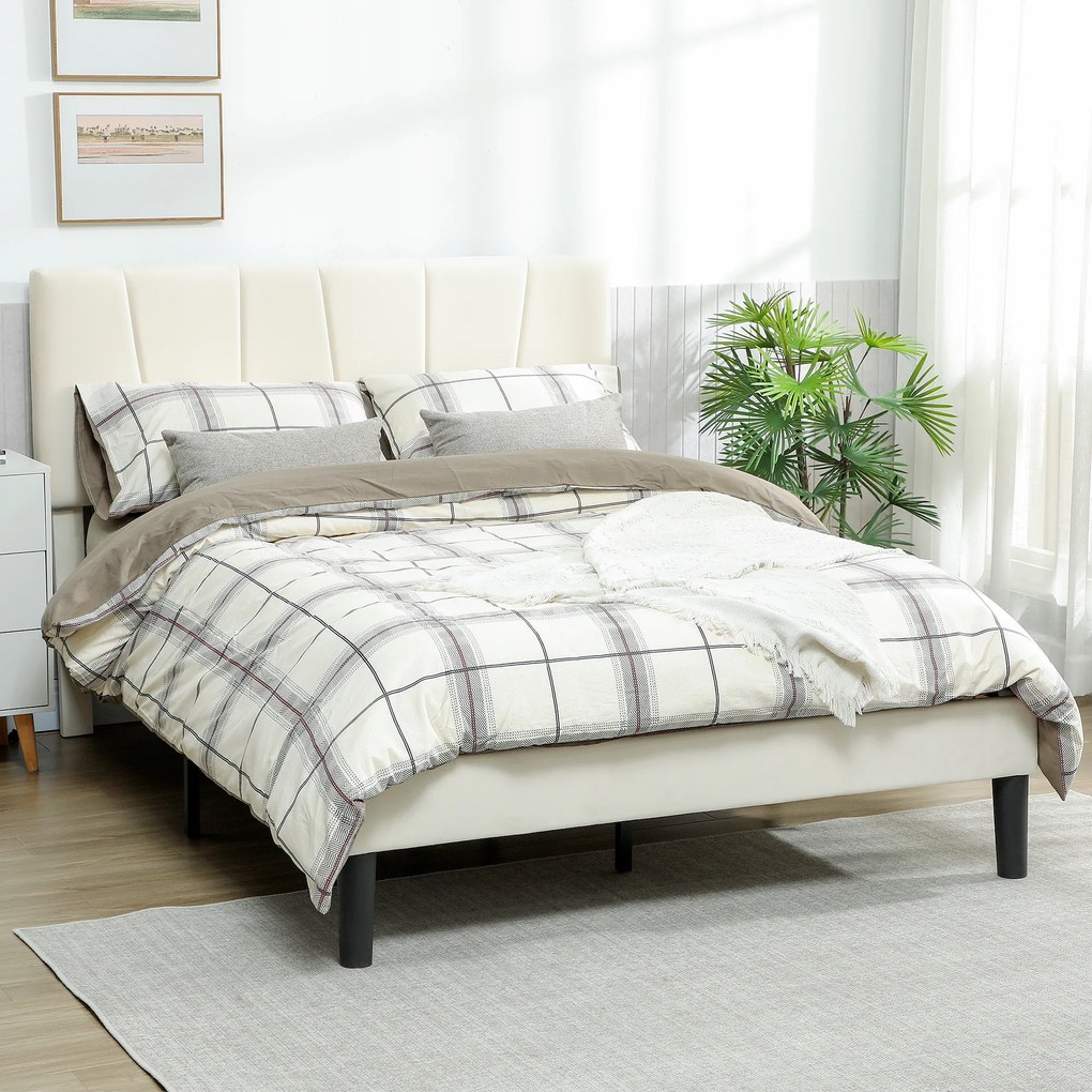 HOMCOM manželská postel 140 x 190 cm postel pro 2 osoby, nastavitelné čelo postele, lamelový rošt 150 x 198 x 101/106/111/116/121 cm, krémová