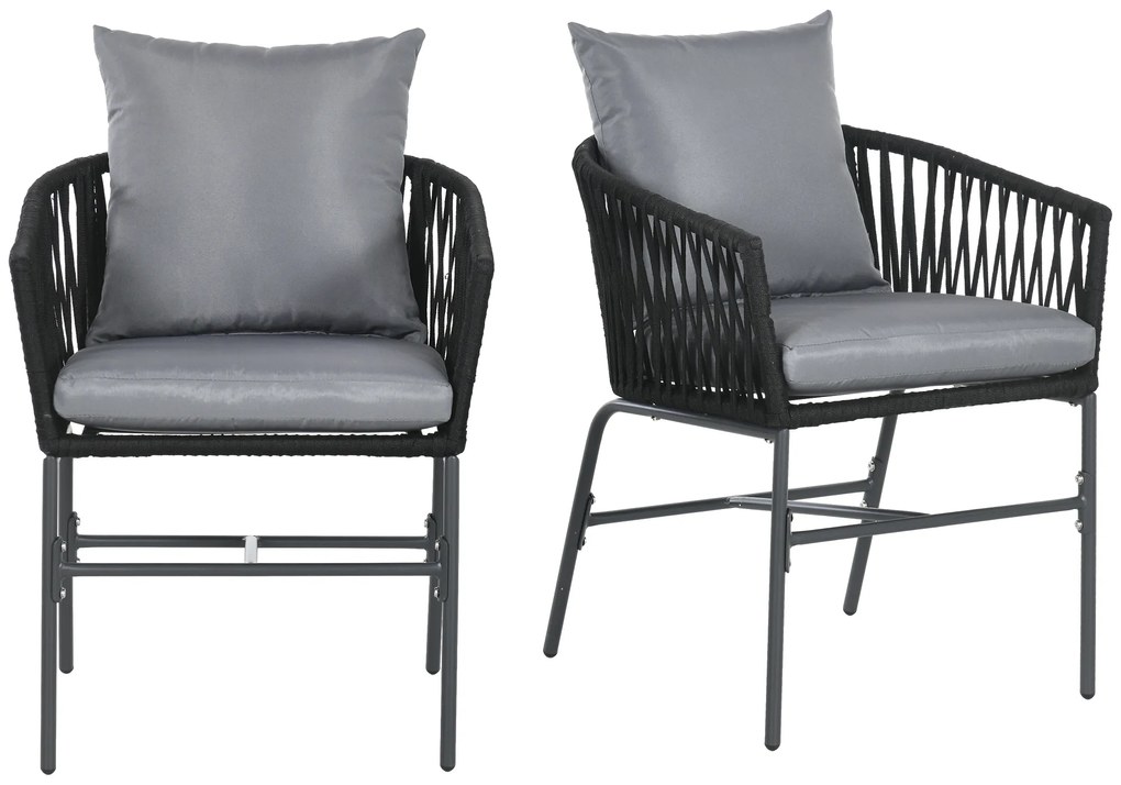 Sada 2 zahradních židlí Outsunny s polštáři, nosnost až 120 kg, zakřivený sedák ve stylu boho, kovový rám 57 x 60 x 71 cm, černá | Aosom.de