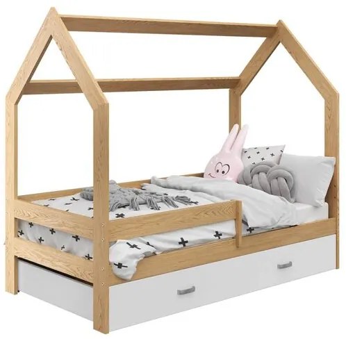 Dětská postel DOMEČEK D3 borovice 80 x 160 cm Rošt: S lamelovým roštem, Matrace: Matrace COMFY HR 10 cm, Úložný box: S bílým úložným boxem