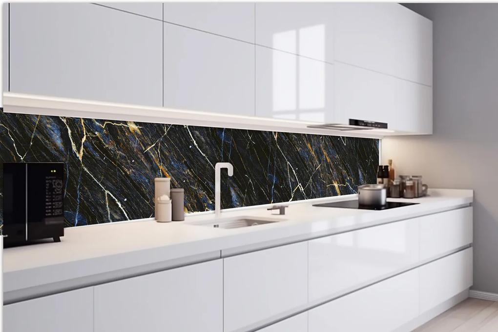 DIMEX | Fototapeta do kuchyně Textura tmavého mramoru KI-420-274 | 420 x 60 cm | černá, zlatá, modrá