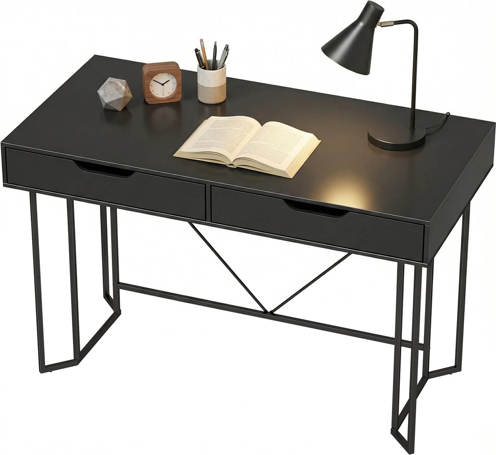 HOMCOM psací stůl s 2 zásuvkami, moderní design s kovovým rámem pro domácí kancelář a ložnici — 120 x 60 x 77 cm, černý