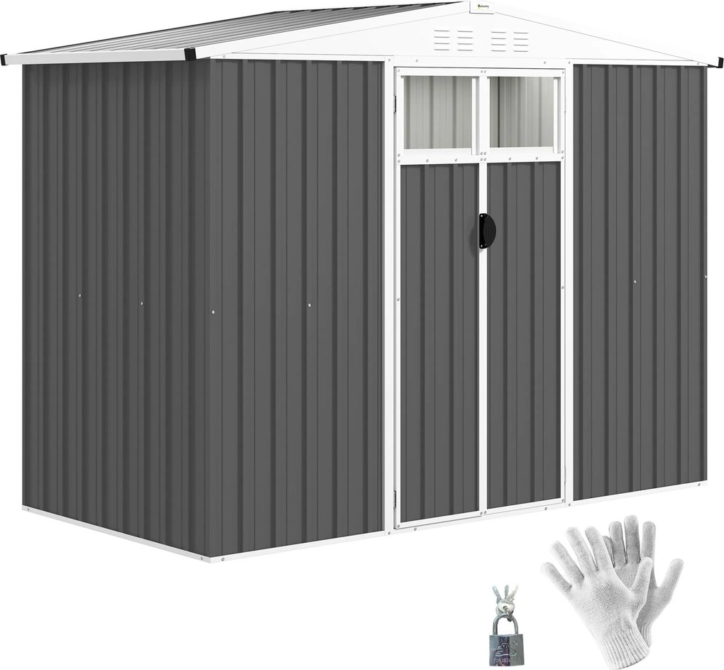 Kovová zahradní kůlna Outsunny 2,7 m² 246 x 117 x 180 cm Skladovací kůlna s oknem, 4 ventilačními otvory a zámkovými dveřmi, venkovní ocelová zahradn…