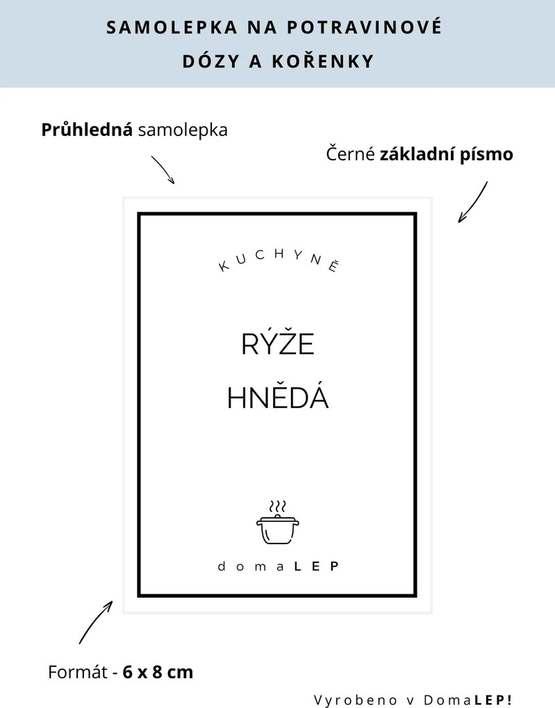 RÝŽE JASMÍNOVÁ – průhledná samolepka na dózu, základní písmo, 6 x 8 cm | DomaLEP