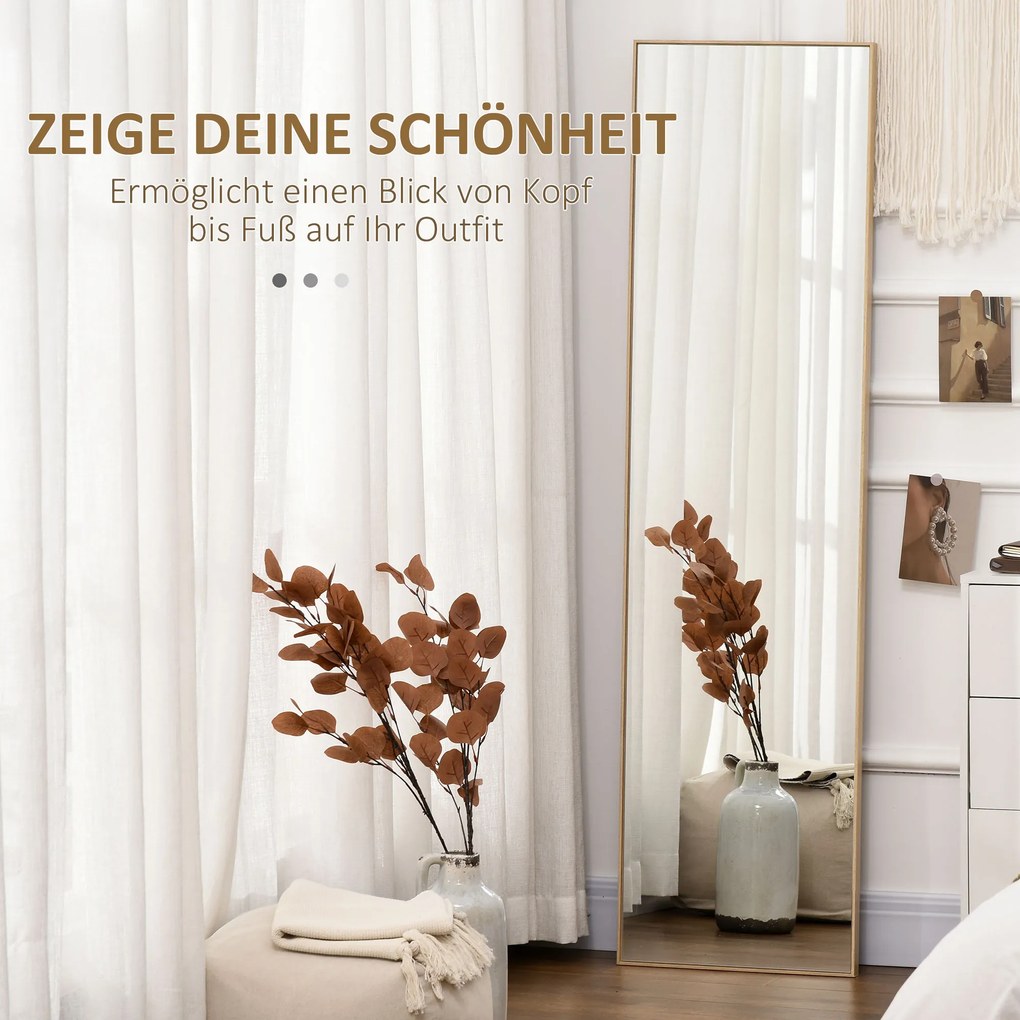HOMCOM Stojací zrcadlo s dřevěnou strukturou Zrcadlo v plné délce Toaletní zrcadlo Make-up zrcadlo Stříbrná světle hnědá 40 x 35 x 147 cm do ložnice …