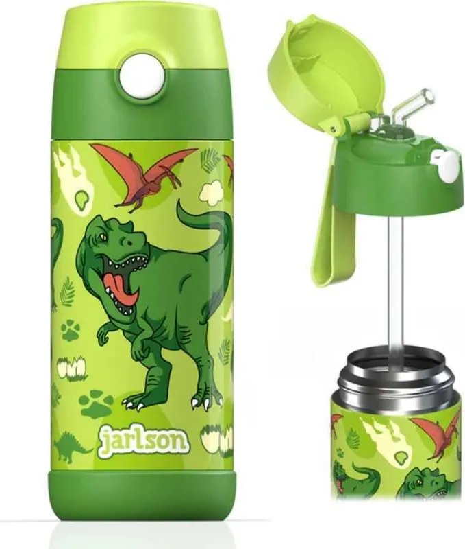 Jarlson dětská nerezová termoláhev s brčkem charli dinosaurus 350 ml