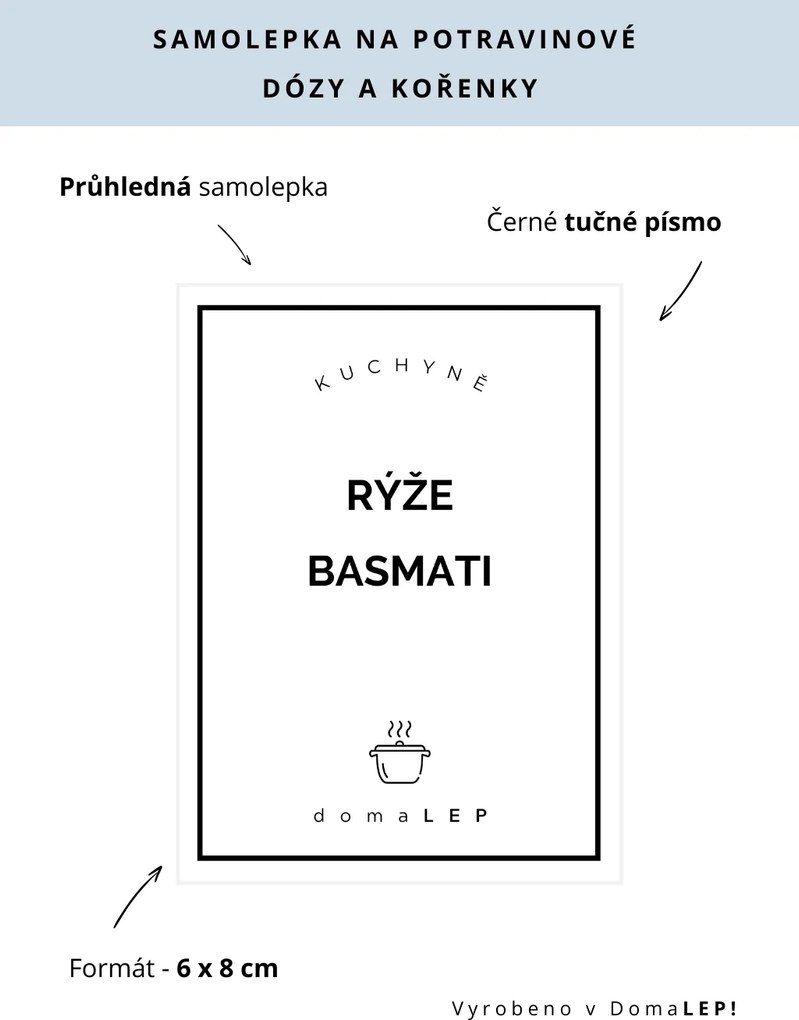 RÝŽE BASMATI – průhledná samolepka na dózu, tučné písmo, 6 x 8 cm | DomaLEP
