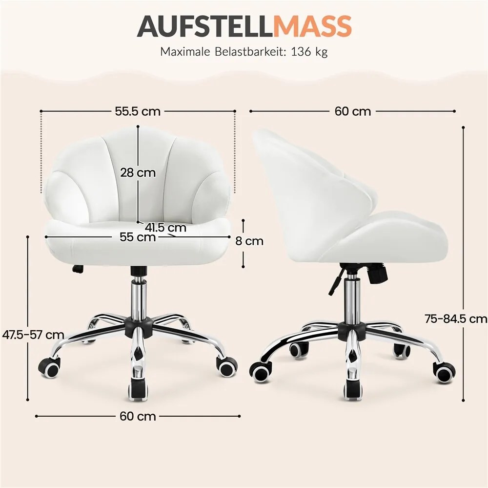 Kancelářská židle Yaheetech – bílá, 60 cm (šířka) × 60 cm (hloubka) × 76,5 cm – 86 cm (266901824875)