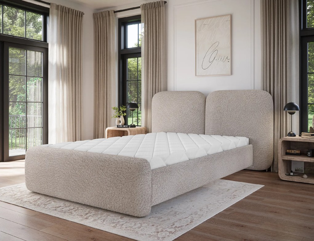 Postel Ollival 180x200, s kovovým roštem a úložným prostorem, béžové bouclé