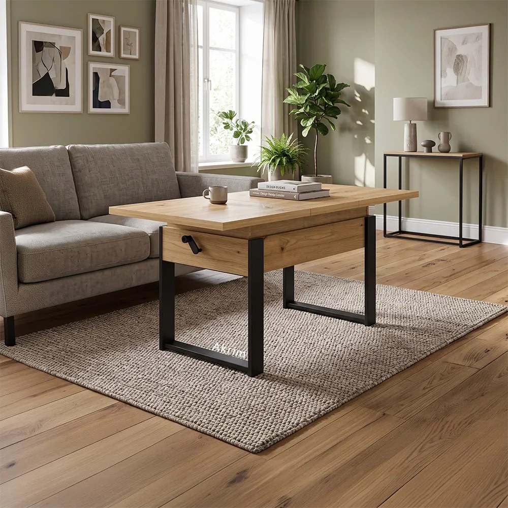 Rozkládací polohovací konferenční stolek HOGO 3v1 | 120-157x62,5-74,5x67 cm | síla horní desky 32 mm | dub artisan/černé nohy