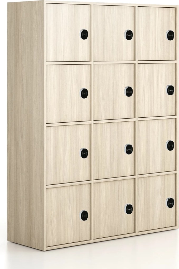 Kancelářská skříň FRAME, 12x dveře, 1299 x 450 x 1735 mm, RFID zámek, dub přírodní