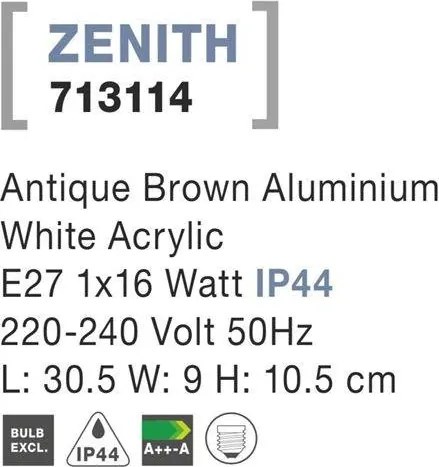 NV 713114 Venkovní nástěnné svítidlo ZENITH antický hnědý hliník bílý akrylový difuzor E27 1x12W 220-240V bez žárovky IP44 - NOVA LUCE