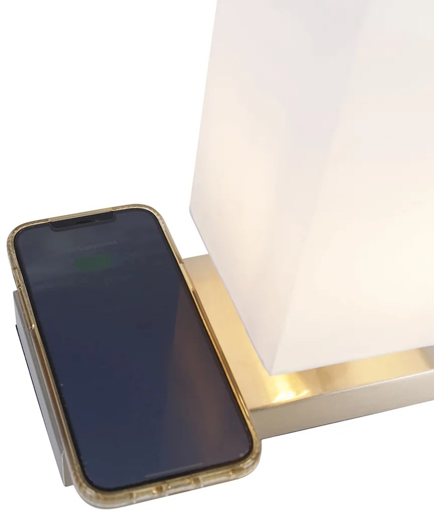 Ocelová stolní lampa s bílým stínidlem s dotykovou a indukční nabíječkou - Romina