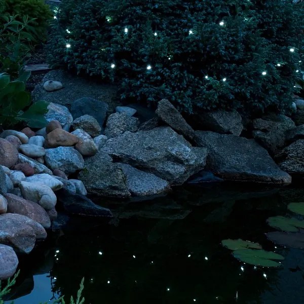 LED venkovní solární světýlka na zahradu, 5 m, ledově bílá, 50 diod, černý kabel, IP44, solární panel