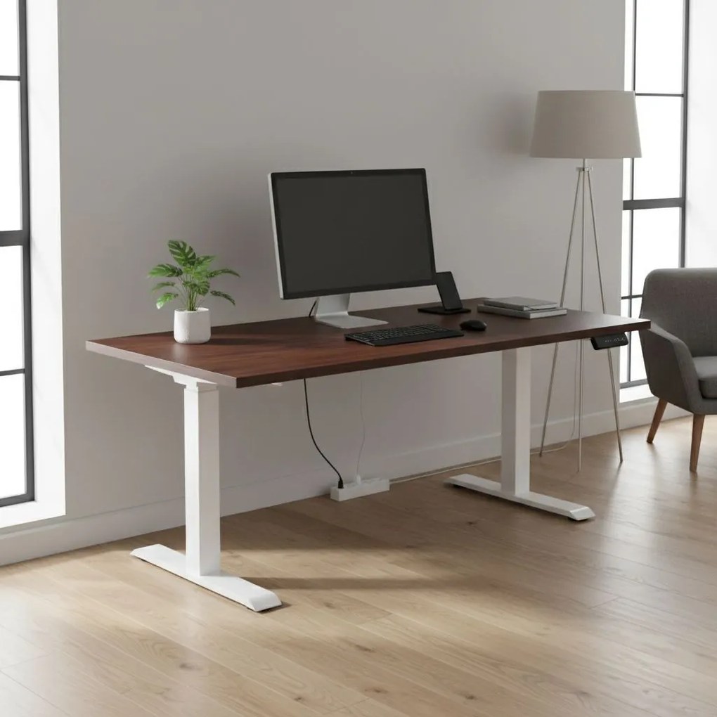 Výškově nastavitelný stůl OfficeTech D, 160 x 80 cm, bílá podnož, wenge