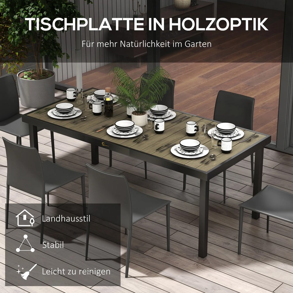 Zahradní stůl Outsunny z hliníku pro 8 osob s lamelovým vrchem na terasu a balkon 190x90x74 cm Přírodní a černá